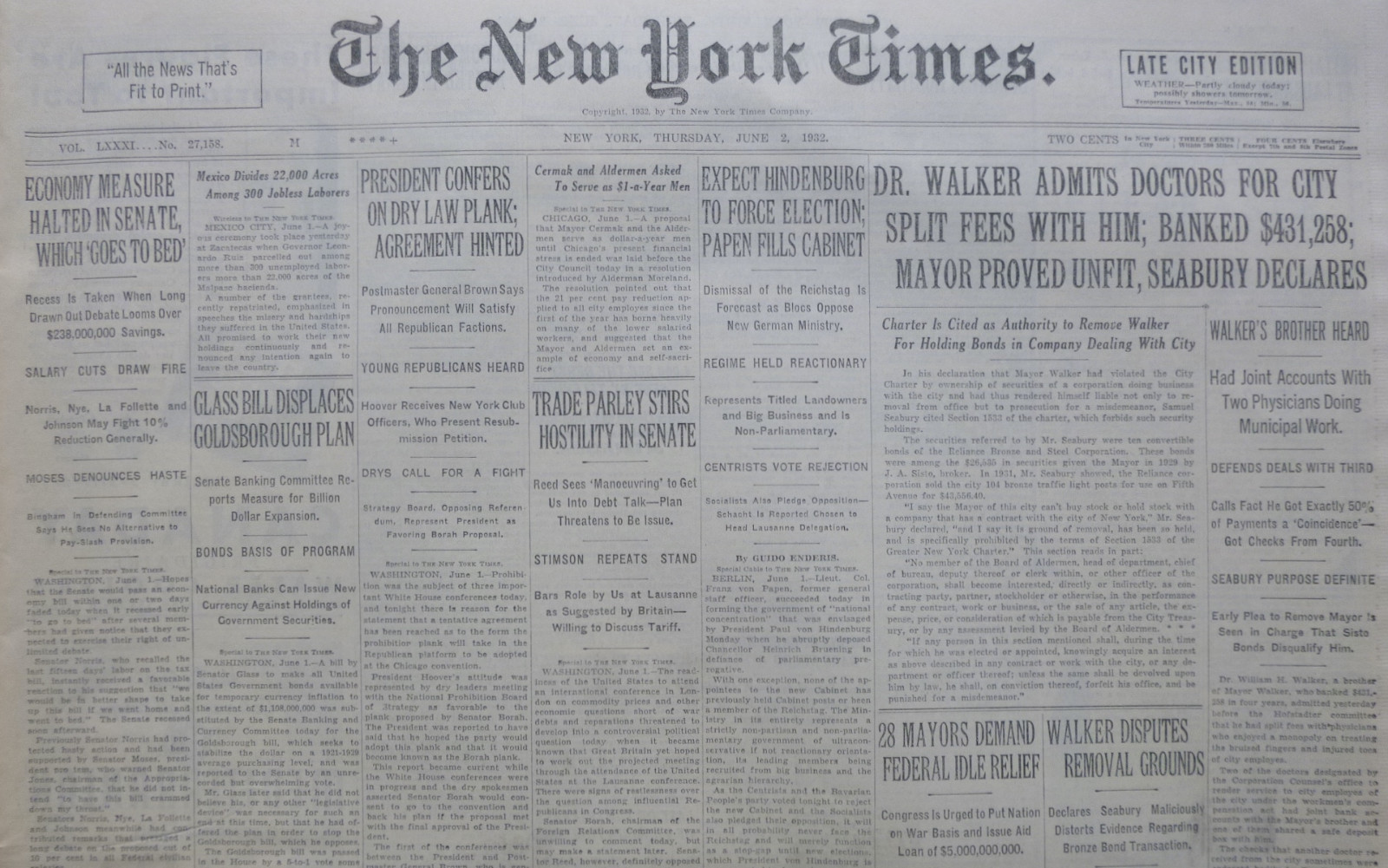 6-1932 JUNE 2 PROHIBITION DRY LAW PLANK HINTED. HOOVER HINDENBURG ...