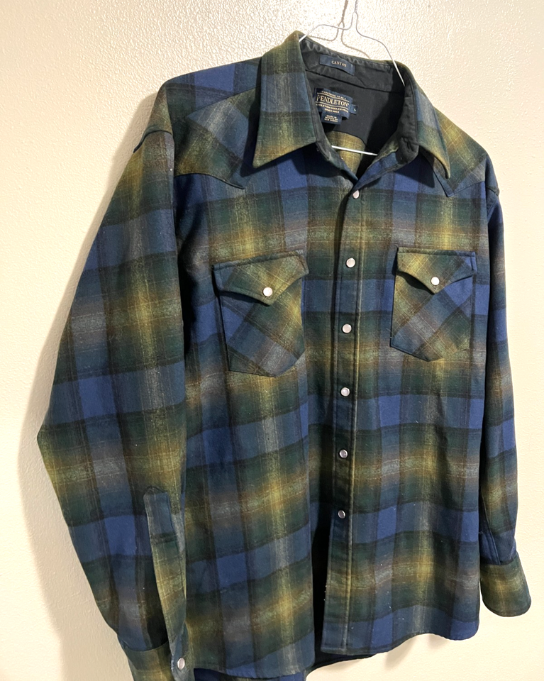 Pendleton Wool Pearl Snap Shirt L Green Blue Plaid Western Canyon | eBay