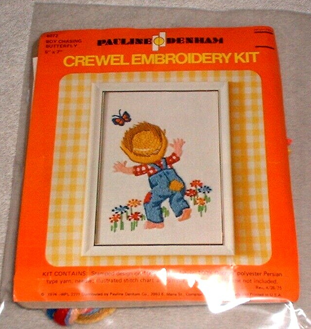 Vintage Denham "Boy Chasing Butterfly" Picture Crewel Embroidery Kit | eBay