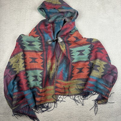 shawl wrap poncho women tribal aztec Hood western boho brown buckle ...