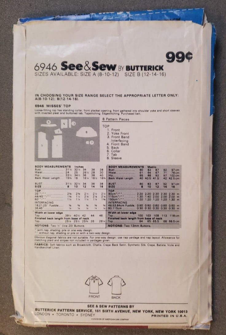 Butterick See&Sew pattern 6946 Misses' Top sz 8,10,12 uncut Factory ...