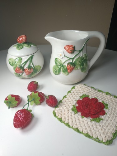 Vintage Set Handpainted White Strawberry Creamer Pitcher Signed 2287 ...