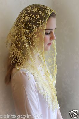 NEW Classic Mantilla Yellow Embroidered Chapel Veil Triangle Free Ship ...