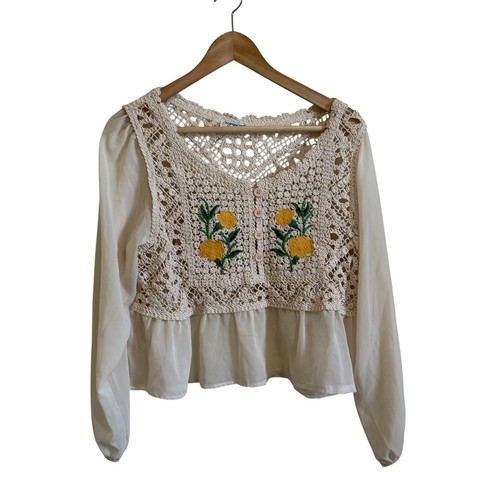 Topshop Crochet Lemon Embroidered Peplum Blouse Long Sleeve Boho Top | eBay