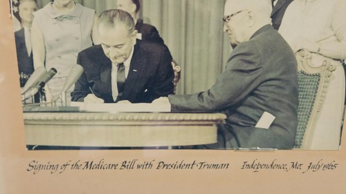 1965 Lyndon B. Johnson Photograph signing the Medicare Biill with Harry ...