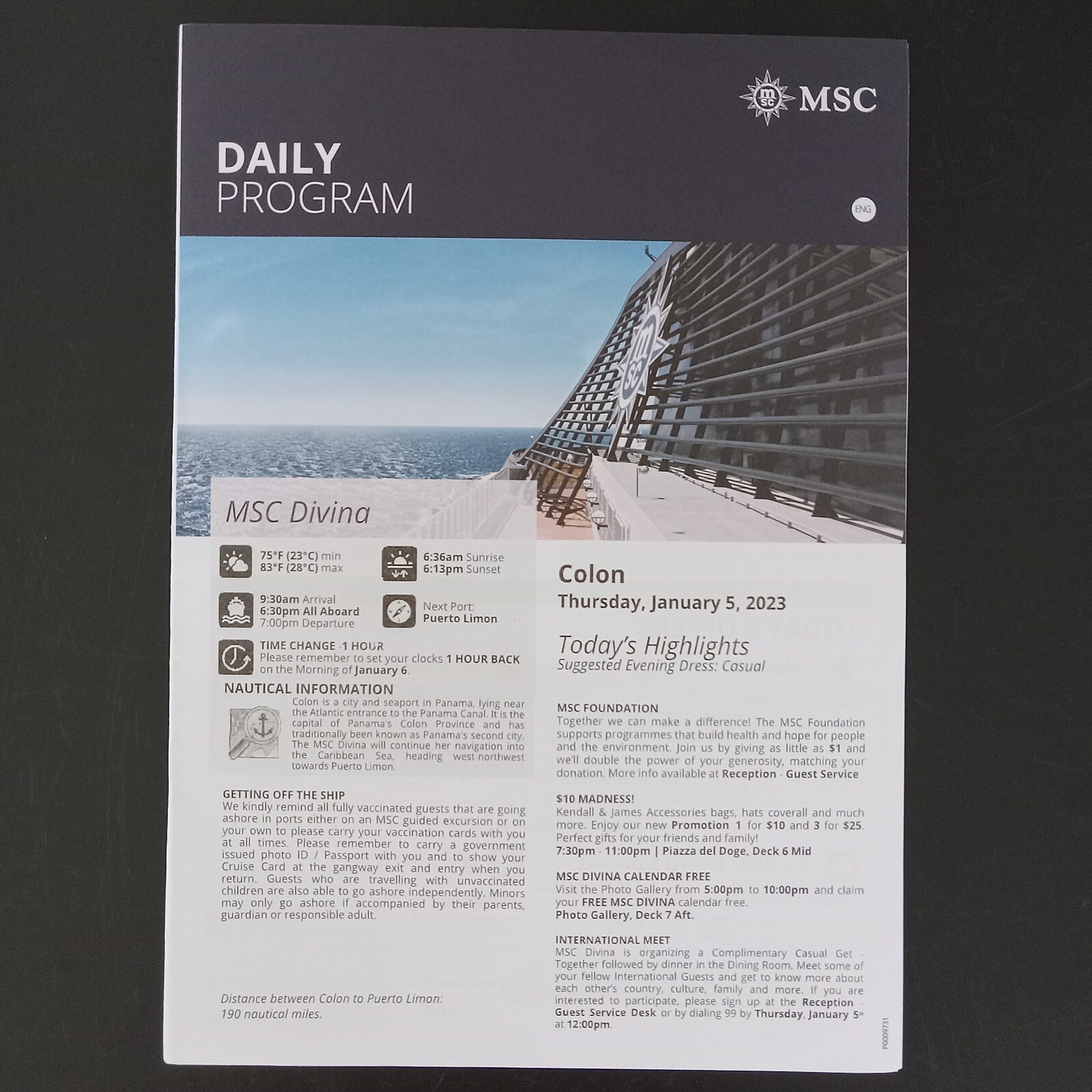 DIVINA MSC Cruise Daily Program January 5, 2023 Activities Colon Panama ...