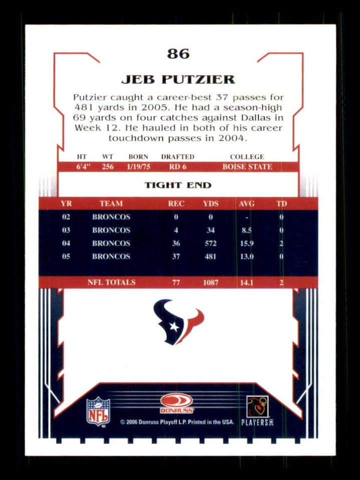 2006 Football Score Jeb Putzier Houston Texans #86 | eBay