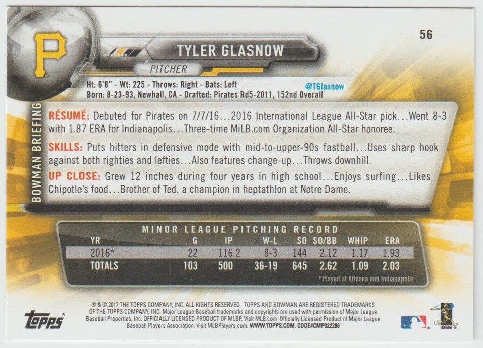 2017 Bowman Baseball #56 Tyler Glasnow RC - Pittsburgh Pirates | eBay
