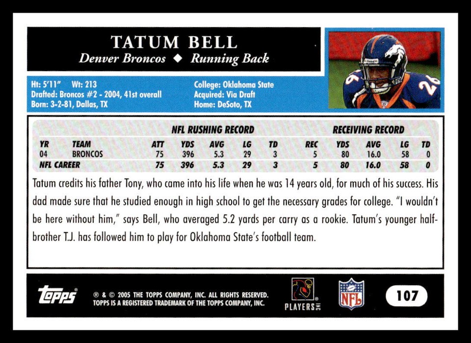 2005 Topps #107 Tatum Bell Denver Broncos | eBay