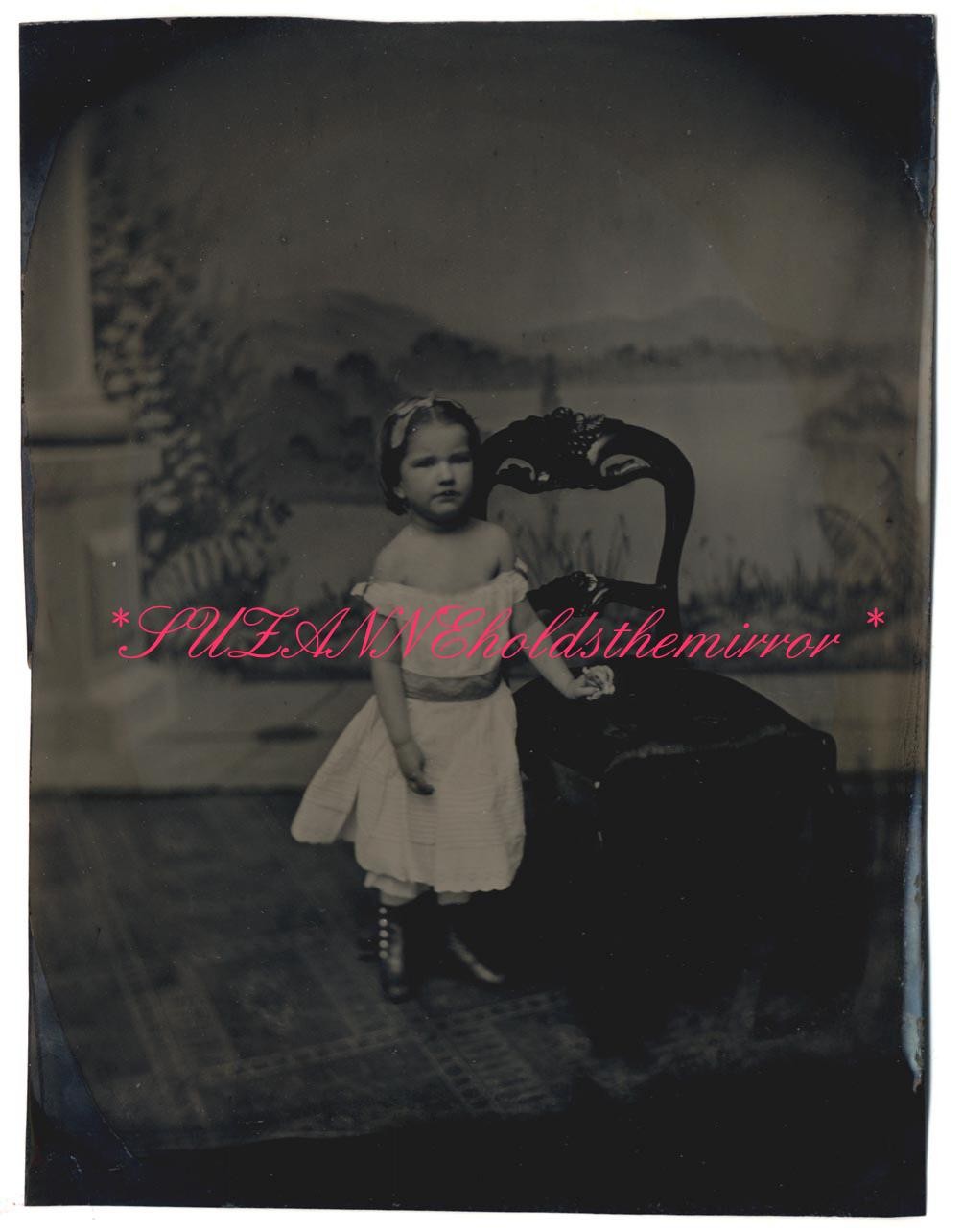 RARE 1800s TINTYPE PRETTY GIRL WITH ROSE ON EMPTY CHAIR PHOTO LIKE ...