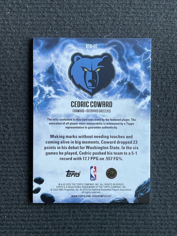 Cedric Coward 2025 Topps NBA Basketball Player-Worn Memorabilia Rookie ...