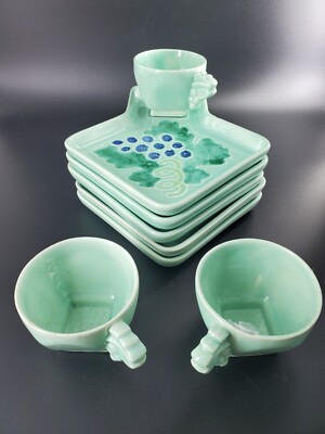 RARE Royal HAEGER R592 USA, green, 5 PLATES & 3 CUPS, Grape Vine & Leaf ...