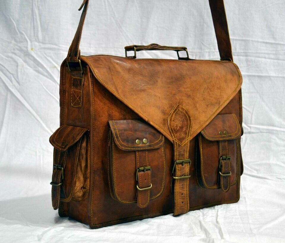 Men's Genuine Vintage Fat Stich Leather Messenger Shoulder Laptop Bag ...