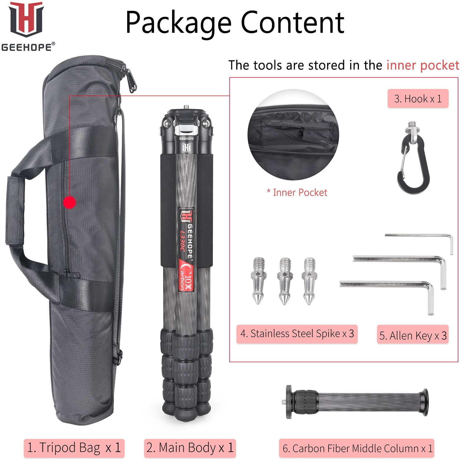 Geehope L330C Carbon Fiber Tripod Tube Professional Compact Travel ...