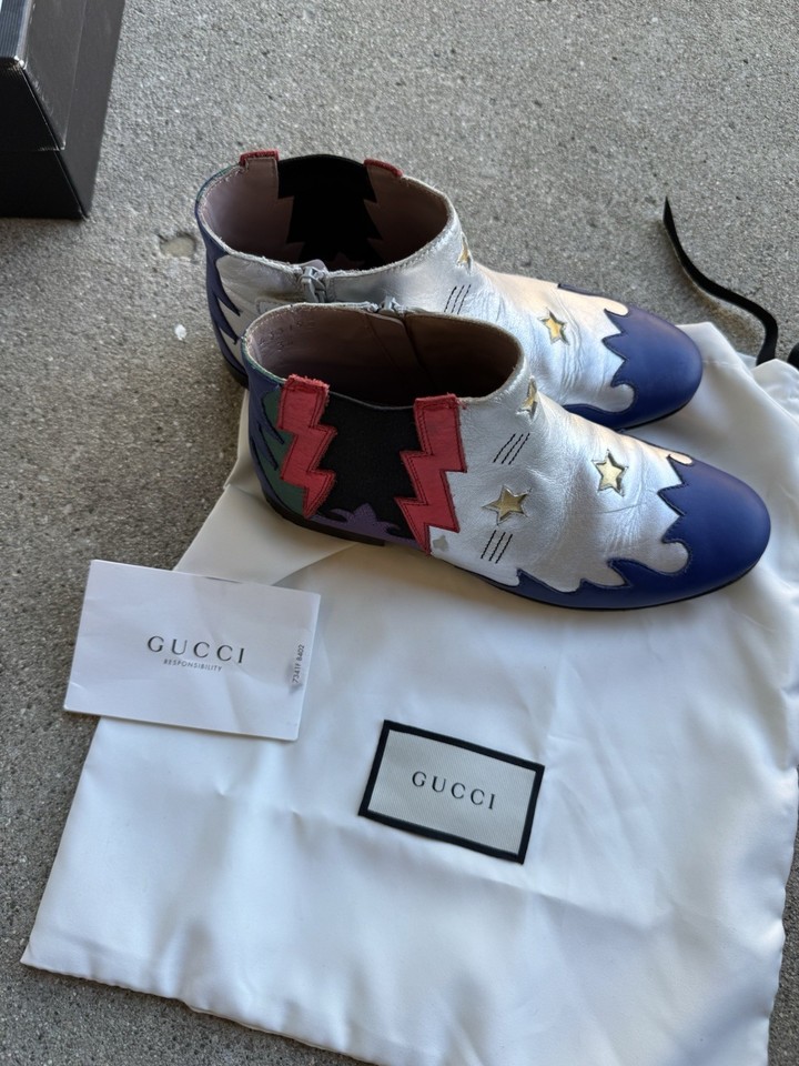Gucci Junior "Earth" Ankle Boots Silver Blue Red Metallic Leather Size ...