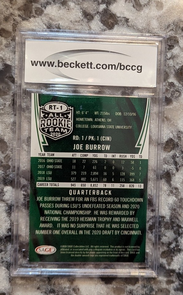 Joe Burrow RC 2020 Sage All Rookie Team #RT1 Graded BCCG 9 Card Mint ...