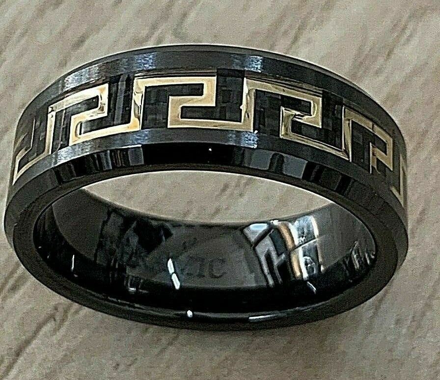 8mm Men Versace Ceramic Greek Key Gold & Black Carbon Inlay Wedding ...