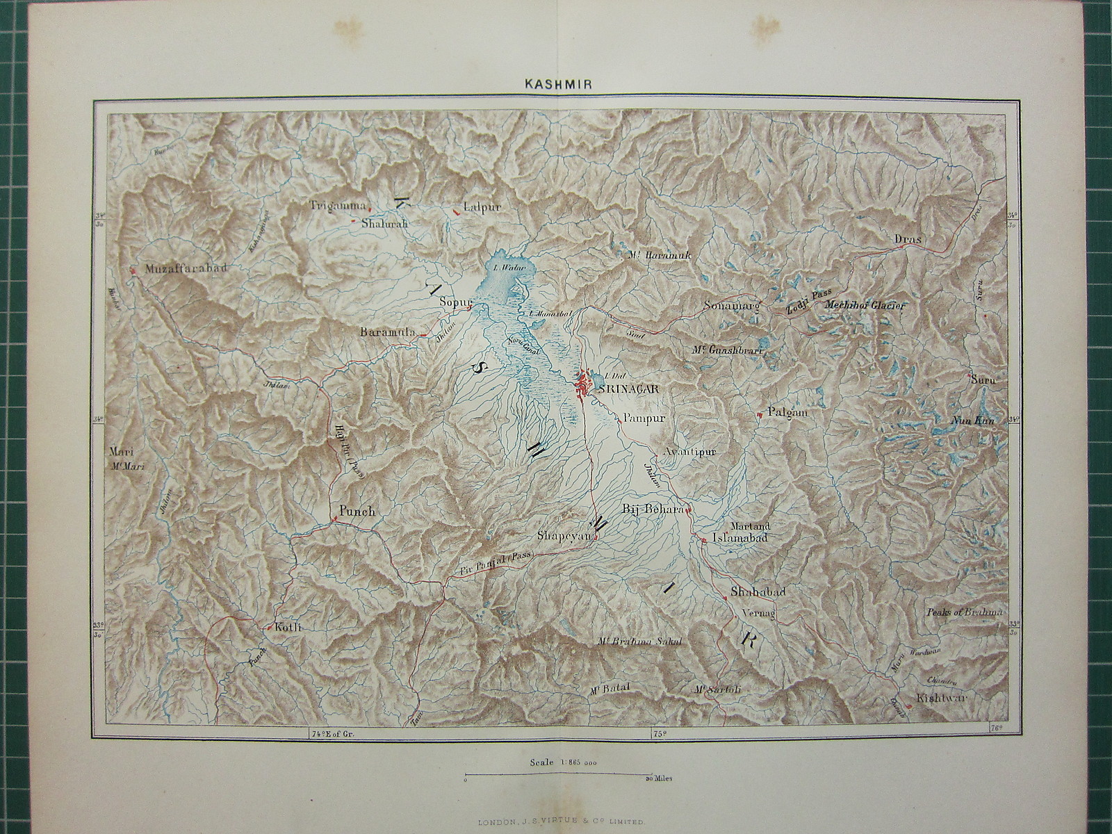 c1890 ANTIQUE MAP ~ KASHMIR INDIA ~ SRINAGAR RAILWAYS BIJ-BEHARA PAMPUR ...