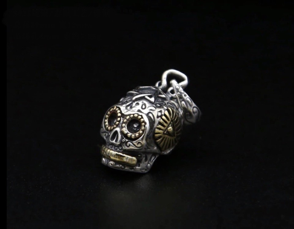 925 STERLING SILVER SKULL NECKLACE PENDANT SUGAR SKULL FREE STEEL CHAIN ...