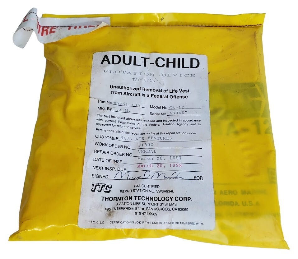 EAM Cessna Beechcraft Aircraft Under Seat Adult/Child Flotation Device ...