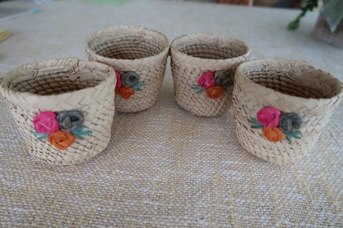 4 Small Floral Decorated Rattan Baskets Crafts Decor | eBay