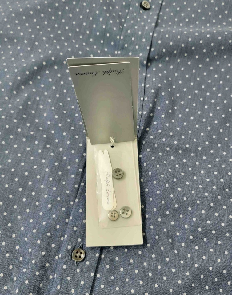 Ralph Lauren Purple Label Indigo Blue Cotton Shirt with White Dots - 16 ...