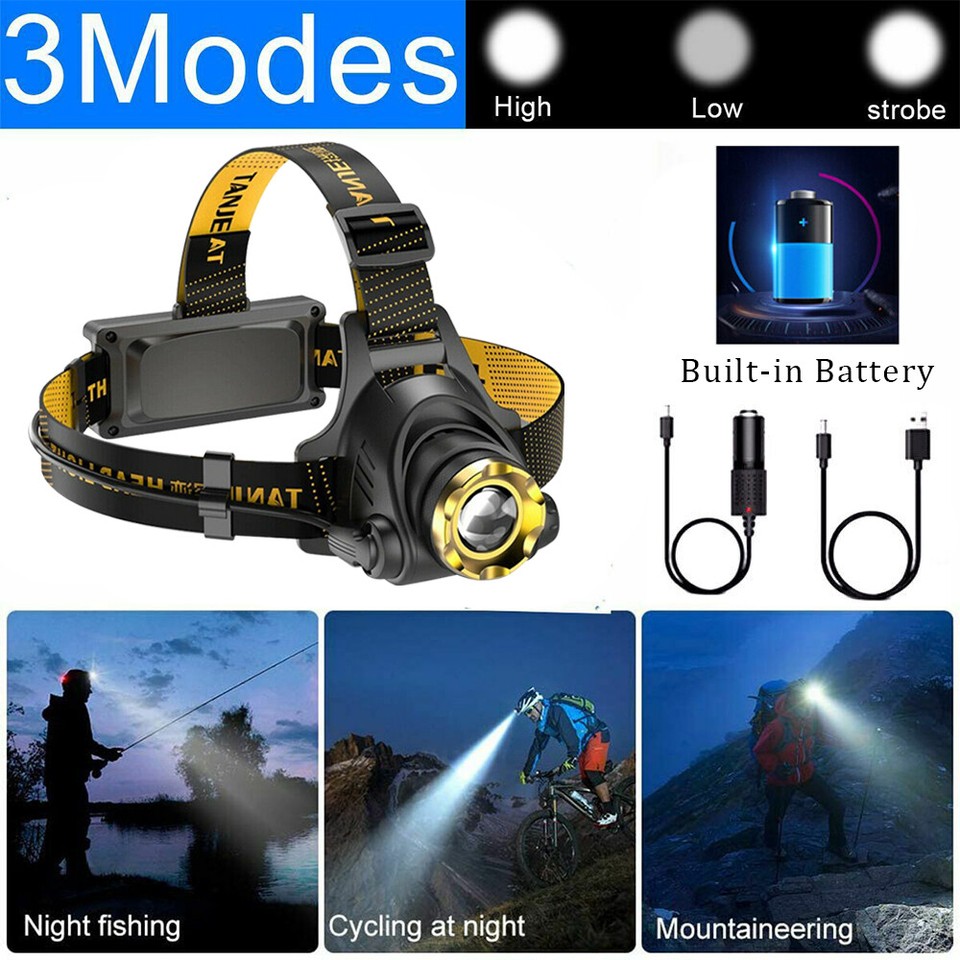 Head Torch Flashlight 3x Rechargeable Headlight Super Bright 9900LM LED ...