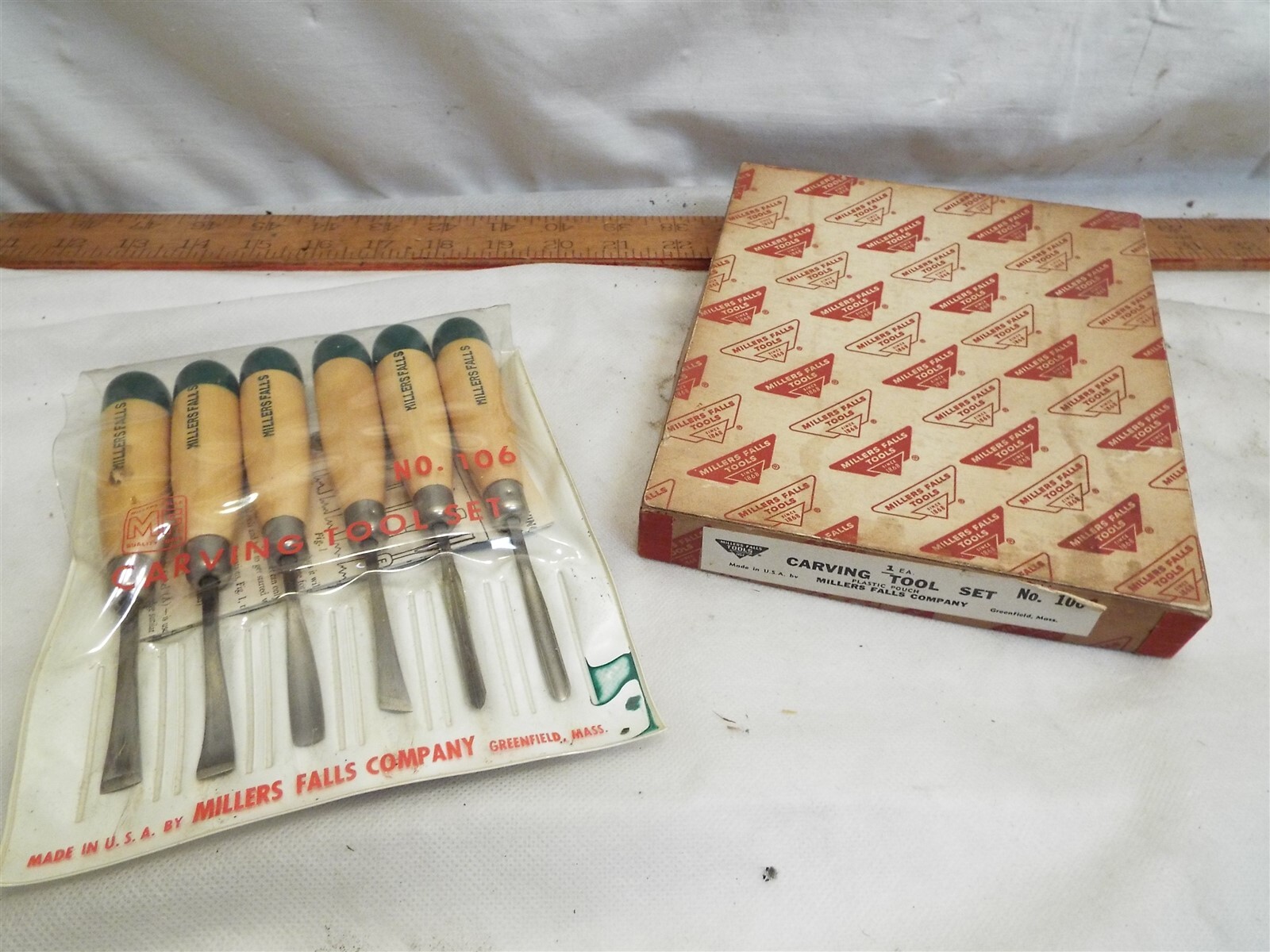 Set Millers Falls Wood Carving Chisel Tool 106 +Box/Pouch Gravers Chip ...