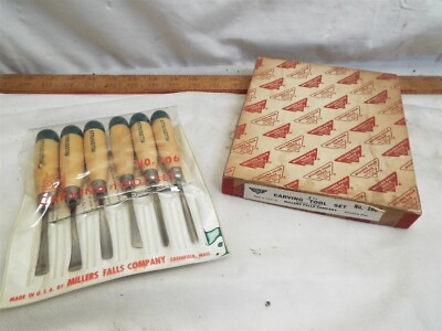 Set Millers Falls Wood Carving Chisel Tool 106 +Box/Pouch Gravers Chip ...