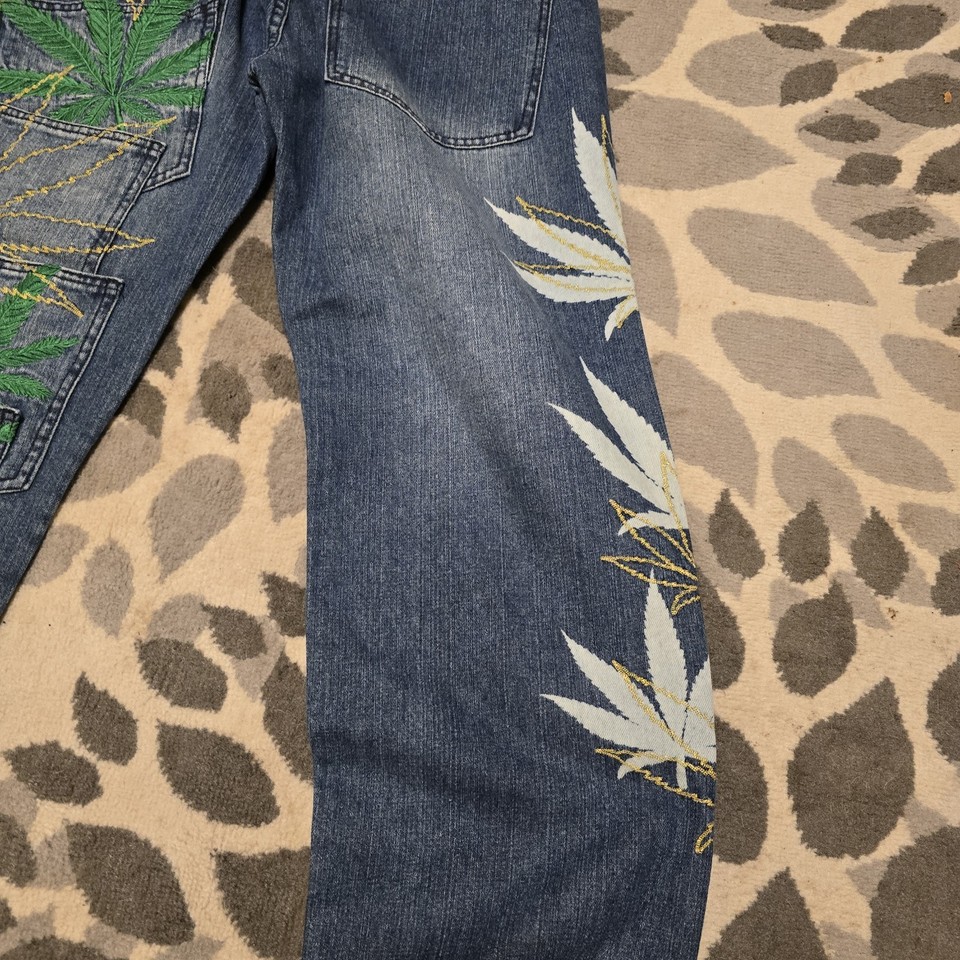 Mukawear Weed Leaf Jeans 38 X 34 y2k baggy marijuana hip hop New Vtg ...