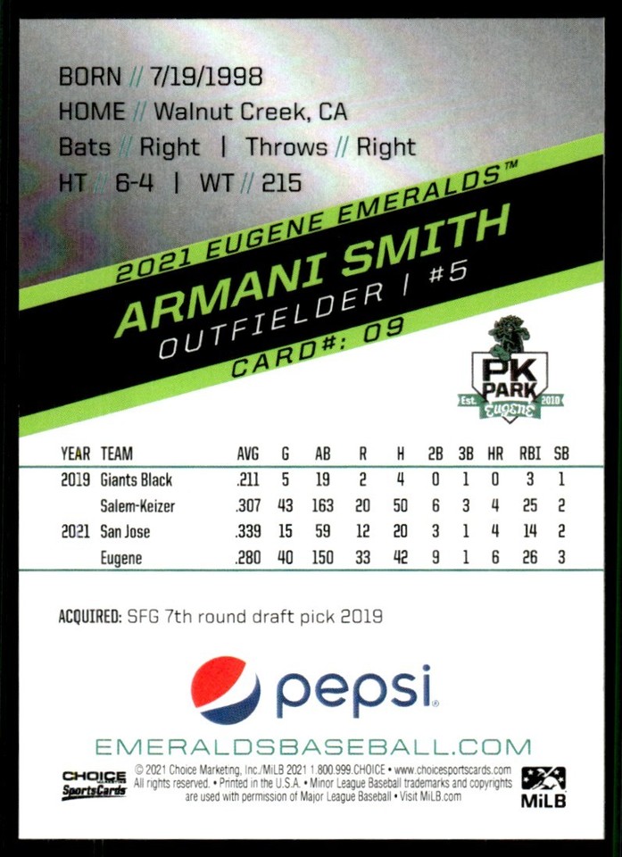 2021 Armani Smith MiLB Minor League Rookie Eugene Emeralds | eBay