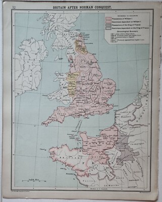1905 MAP BRITAIN AFTER NORMAN CONQUEST NORMANDY BRITTANY MAINE WILLIAM ...