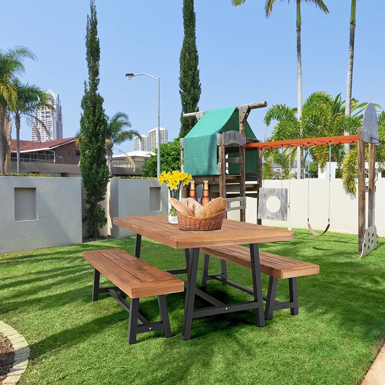 Outdoor Park Table Bench Set of 3 Wood Patio Dining Tables Garden ...