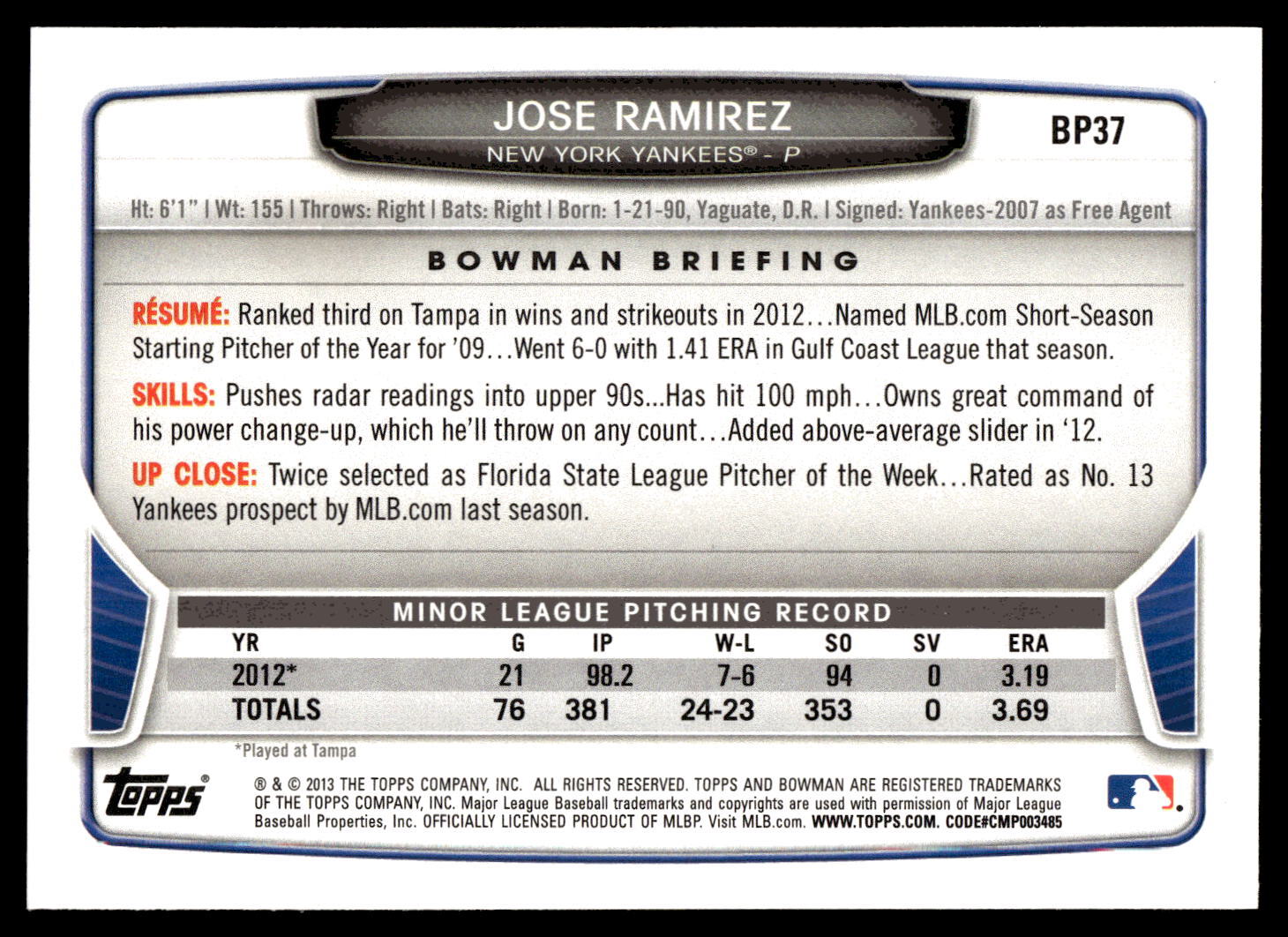 2013 Bowman Prospects Purple Jose Ramirez #BP37 New York Yankees 22F | eBay