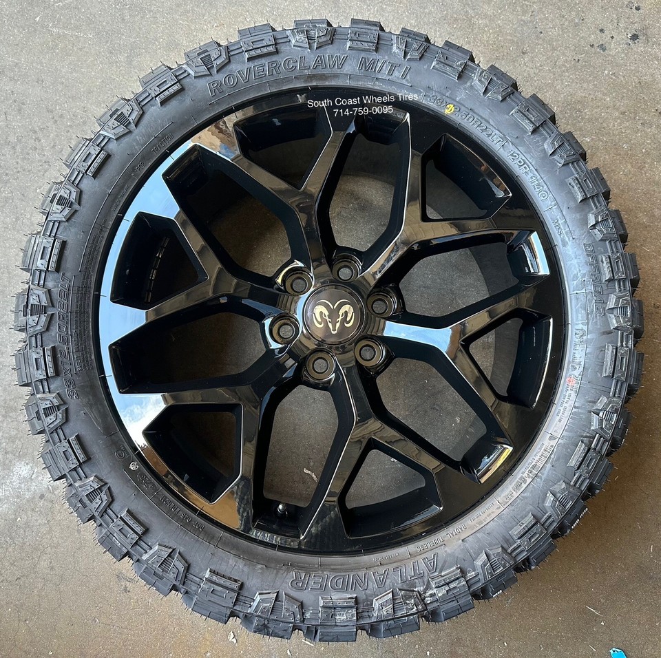 22” DODGE RAM 6lug 6X139.7 SNOWFLAKE BLACK WHEELS 33” Mud MT Tire ...