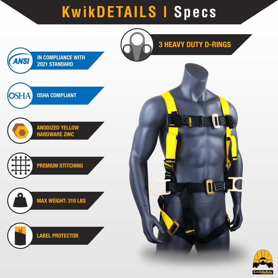 KwikSafety HURRICANE Safety Harness ANSI Fall Protection 3D Ring + Back ...
