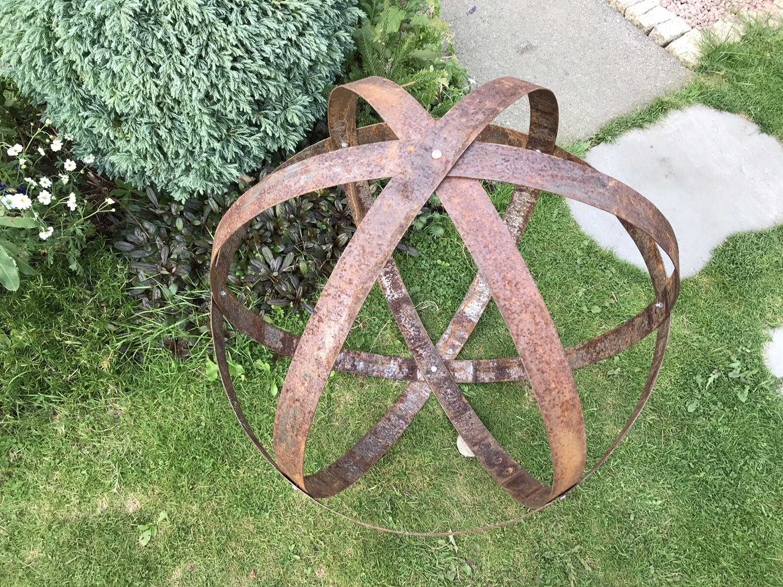 Garden Metal Sphere Sculpture Reclaimed Rusty Whisky Barrel hoop ring ...