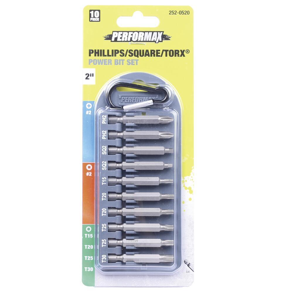 Phillips Square Torx Combo 2" Power Drive Bit 10 Piece Set + Carabiner ...