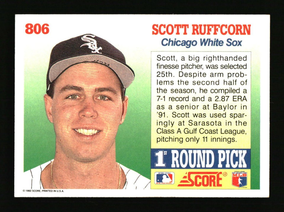 1992 Score Scott Ruffcorn #806 RC Rookie Chicago White Sox Baseball ...