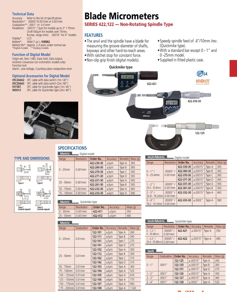 Mitutoyo 422-371-30 - Digimatic Blade Micrometer N.R.S Type D, 0" - 1 ...