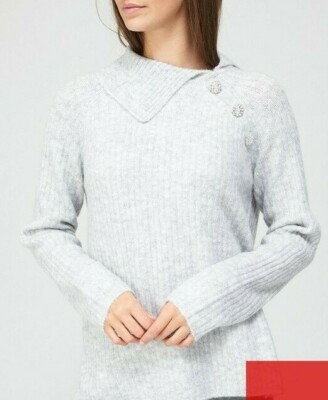 V by Very Fold Over Neck Rhinestone Detail Soft Knit Jumper - Grey Marl ...