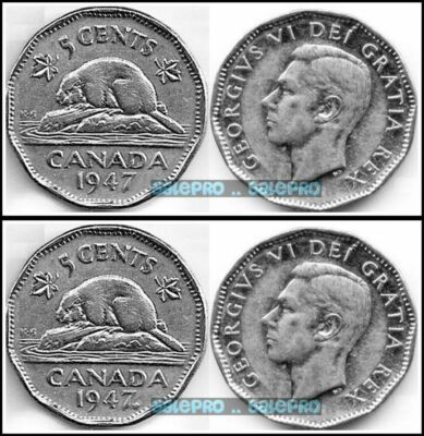 2x CANADA 1947 PLAIN 1947 MAPLE LEAF CANADIAN NICKEL GEORGE VI 5 CENT ...