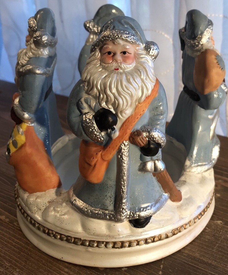 Ceramic Father Christmas Santa Claus Candle Ring Blue White 5-1/2” Tall ...