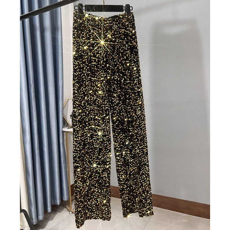 Women Sequin Velvet Pants Fancy Dress Elastic Waist Wide Leg Trousers ...