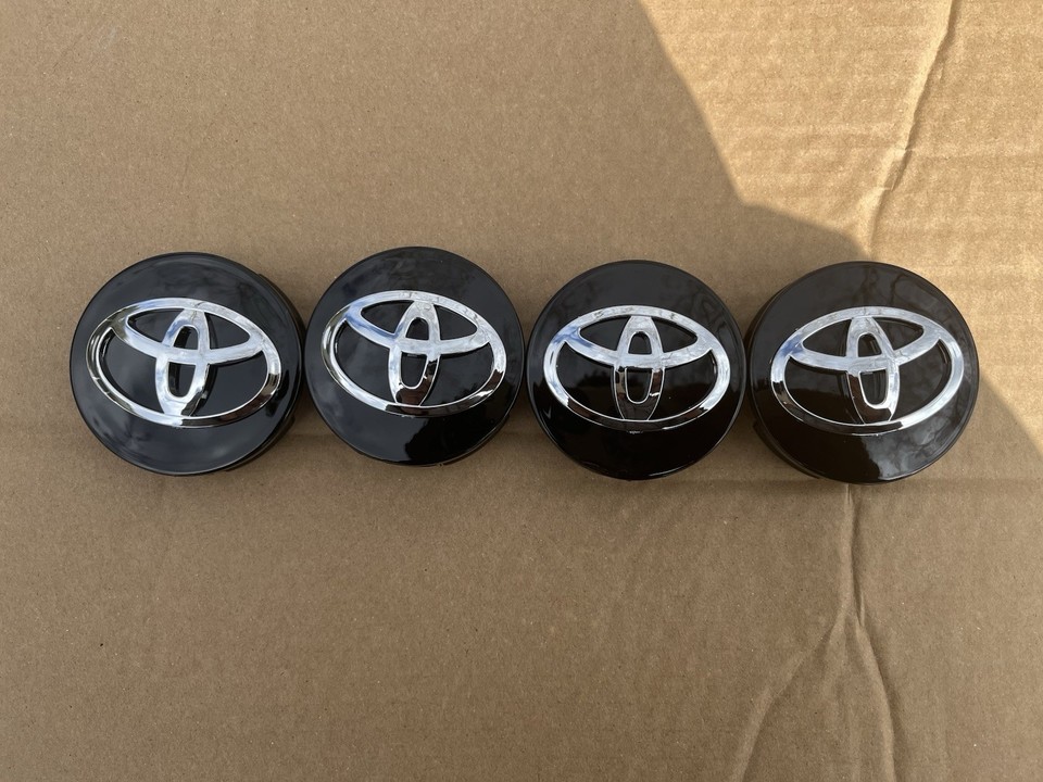 4x TOYOTA WHEEL RIMS CENTER HUB CAP CAPS BLACK BASE CHROME LOGO 62MM ...