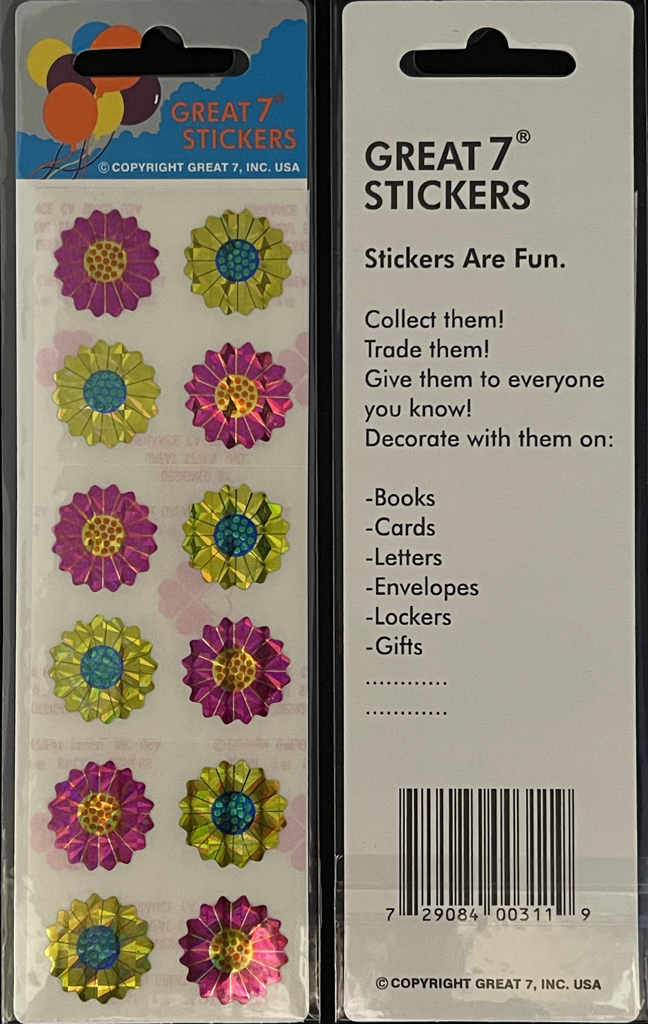 12 packages of Prismatic Sunflower Stickers, "Great 7" Sticker Designs ...