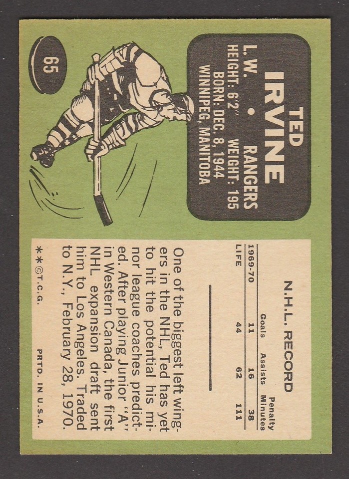 1970-71 TOPPS # 65 TED IRVINE INV J5330 | eBay