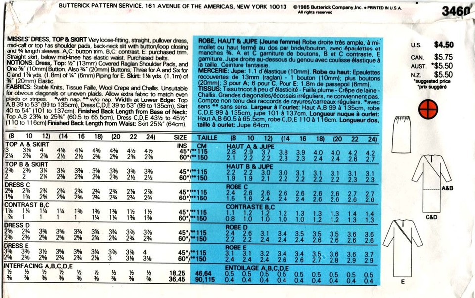 Misses' DRESS, TOP & SKIRT Vtg 1985 Butterick Pattern 3460 Size 20-22 ...