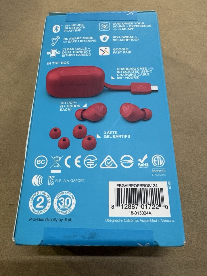 JLab Go Pop+ True Wireless Bluetooth Earbuds Red (EBGAIRPOPRROS124 ...