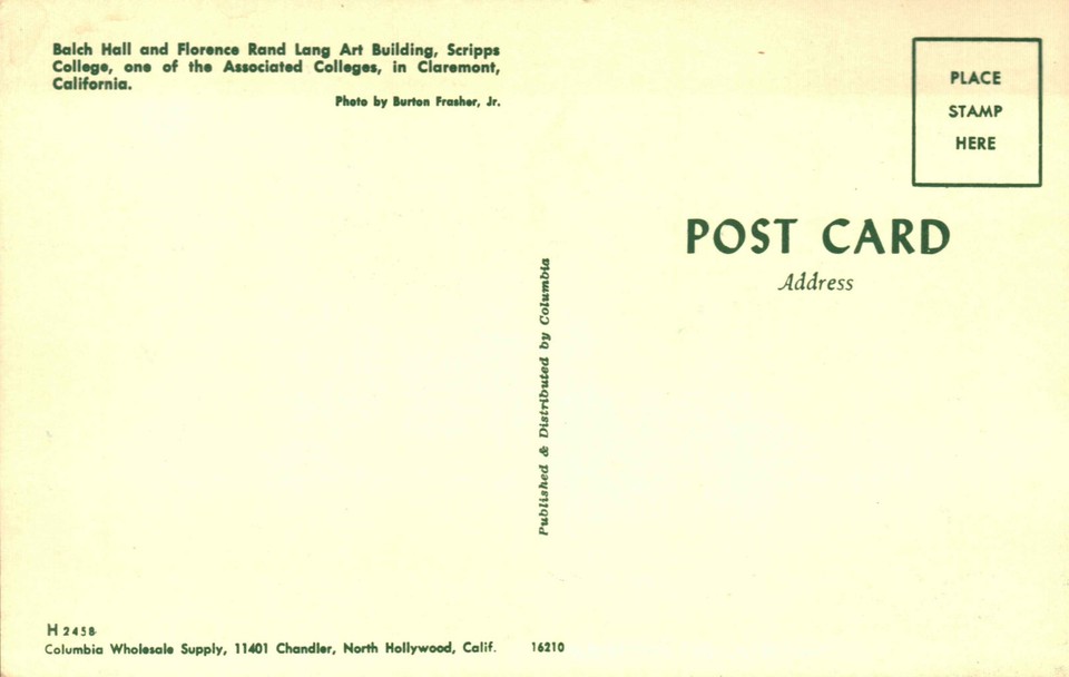 Postcard Balch Hall Florence Rand Lang Art Building Scripps College ...